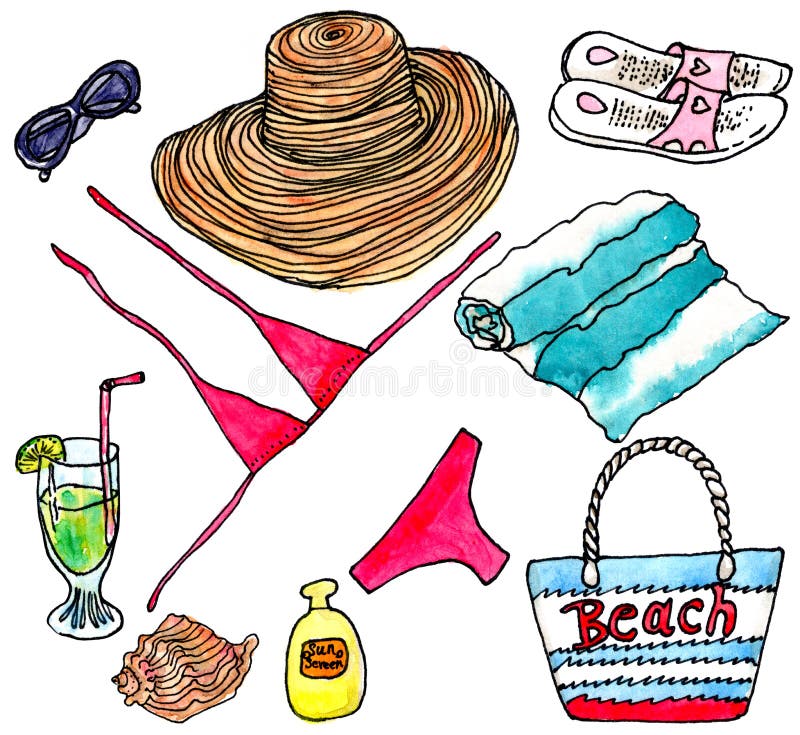 Watercolor Set of Elements of Beach Rest Stock Illustration ...