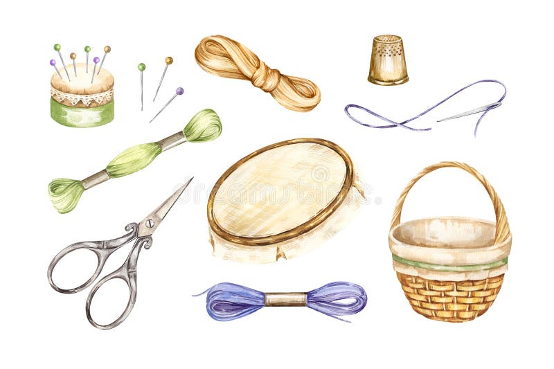 Watercolor Set with Embroidery Tools, Hand Drawn Sketch of Handiwork ...