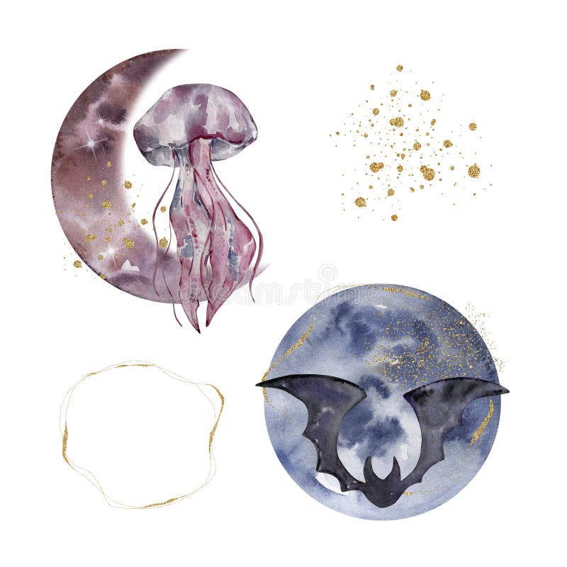 Watercolor Set Fantastic Moon Animals Stock Photo - Image of poster ...