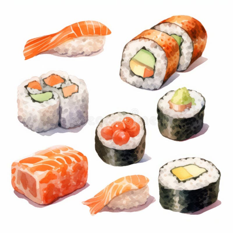 Eggs Watercolor Set: Hyper Realistic Illustration of Sushi Rolls and ...