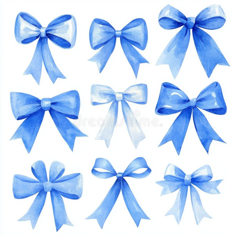 A Watercolor Set Featuring Isolated Blue Bows on a White Background ...