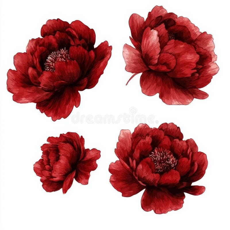 A Watercolor Set Featuring Maroon Flowers, Leaves, and Eucalyptus Stock ...