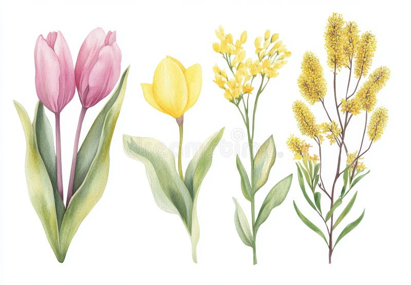 A Watercolor Set Featuring Spring Flowers and Bouquets, Painted by Hand ...