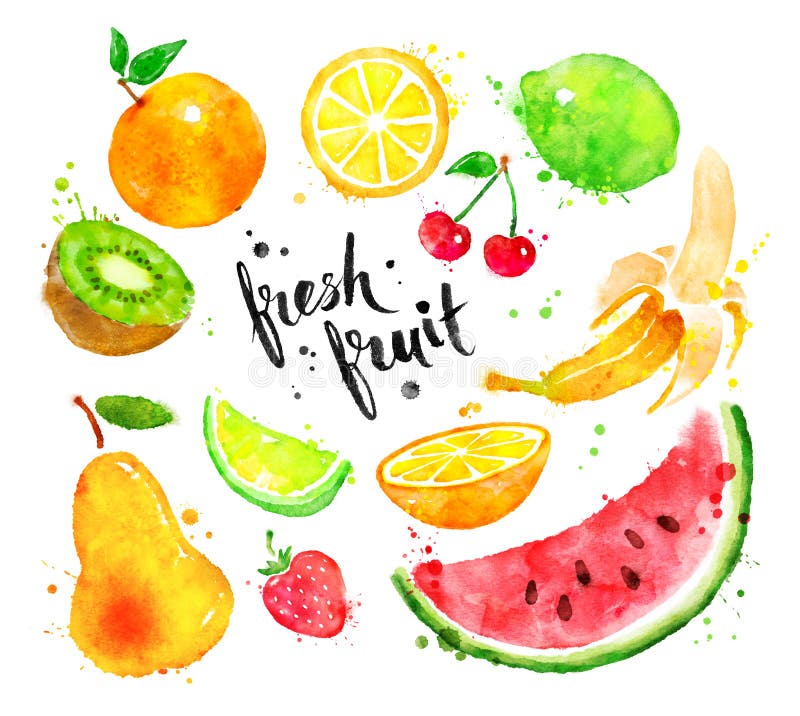 Watercolor set of fruit stock illustration. Illustration of aquarelle ...