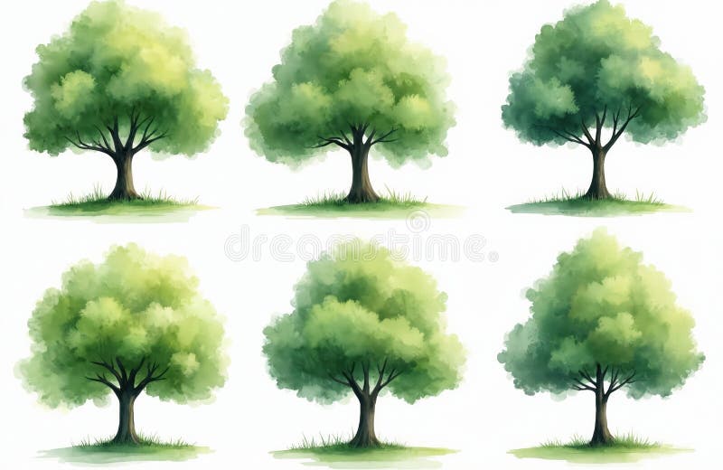 Watercolor Set of Green Trees Isolated. Elements for Environment ...