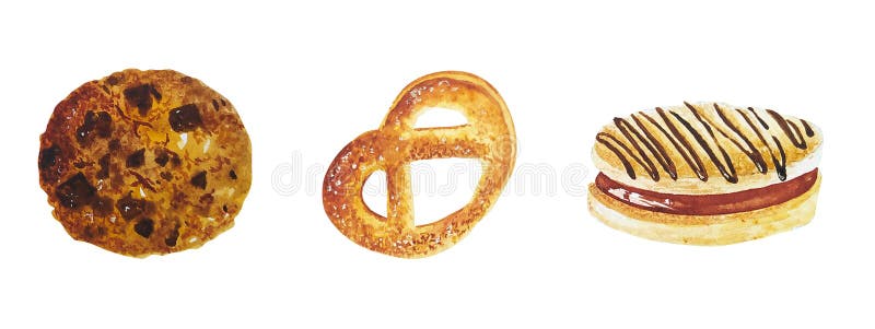 Watercolor Set of Hand Drawn Elements of Cookies Stock Illustration ...