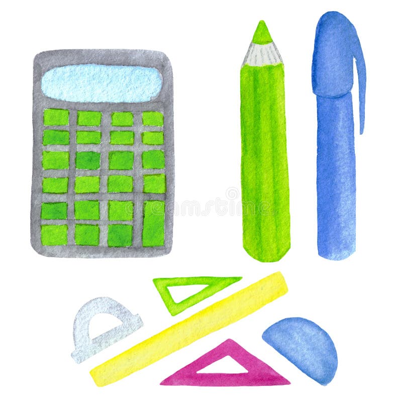 Watercolor Set of School Objects for Math Lesson Isolated on White ...