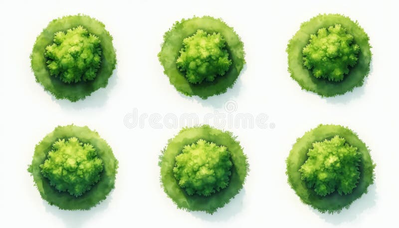 Watercolor Set of Six Green Tree Top View Illustrations. Nature Design ...