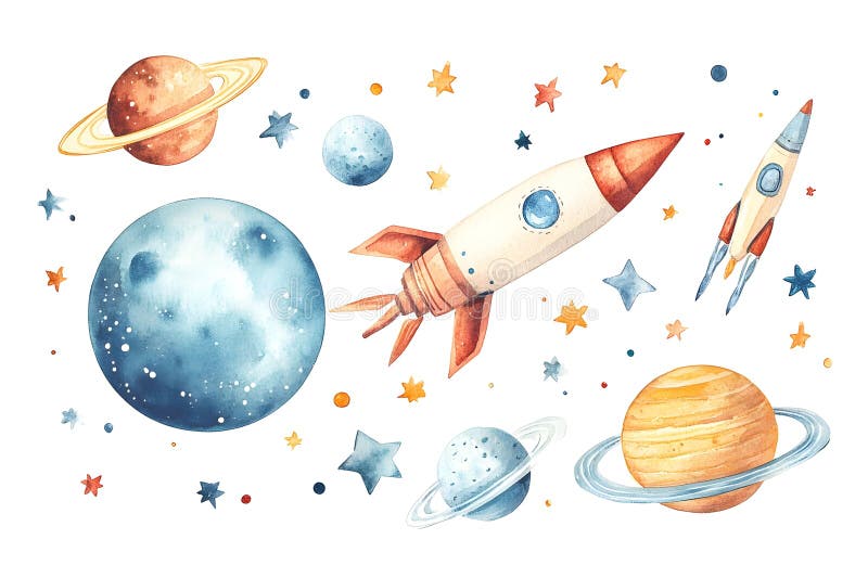 Watercolor Set of Space Elements for Kids. Includes Rockets, Planets ...