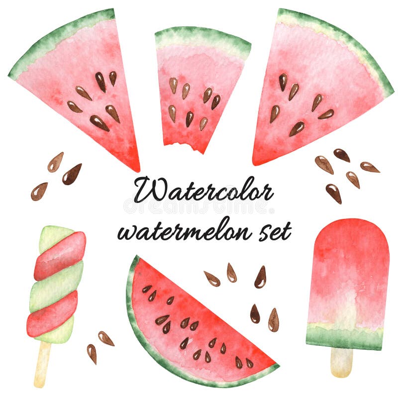 Watercolor Set with Watermelon Slices, Popsicles. Raster Hand Drawn ...
