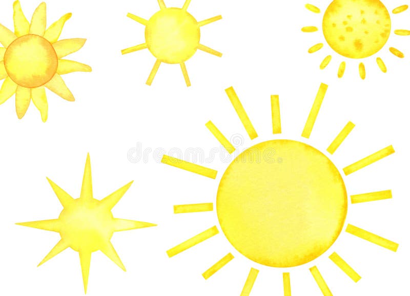 Watercolor Set of Yellow Sun Isolated on a White Background Stock Image ...