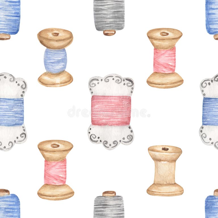 Watercolor Sewing Thread Seamless Pattern, Craft Repeat Paper, Spools ...