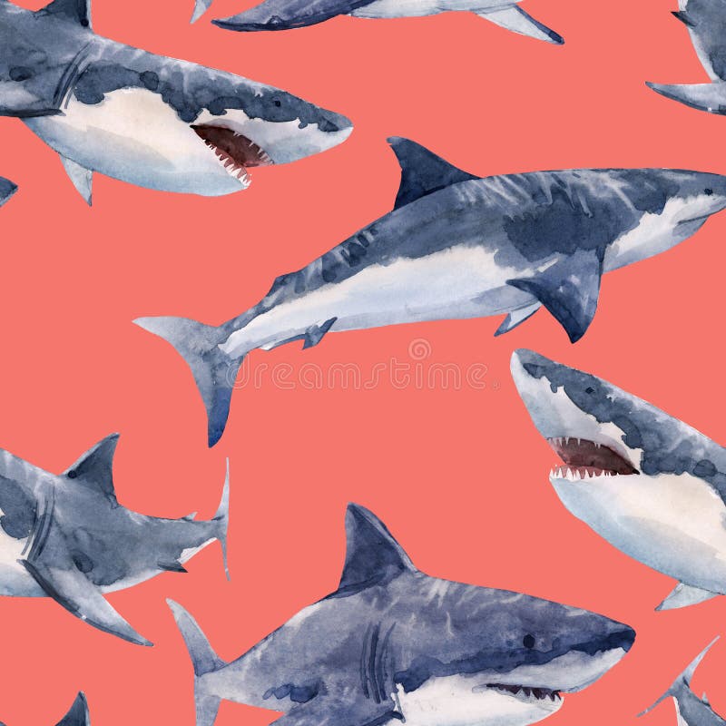 Watercolor shark pattern stock illustration. Illustration of wallpapper ...