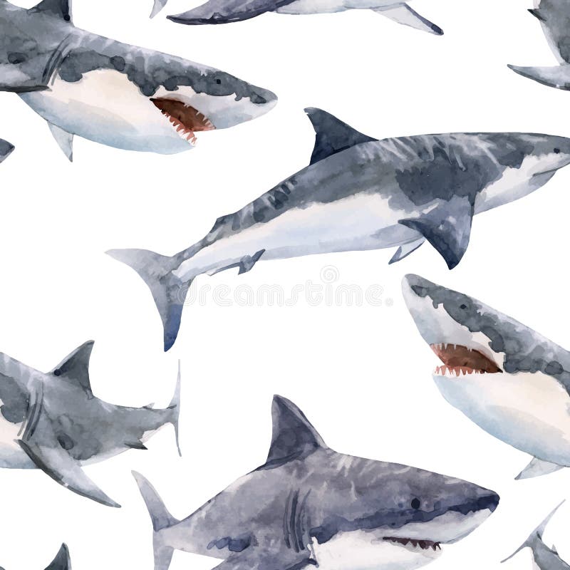 Watercolor Shark Vector Pattern Stock Vector - Illustration of ocean ...