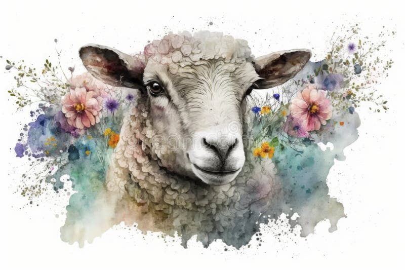 Watercolor Sheep with Exotic Flowers on White Background Stock ...