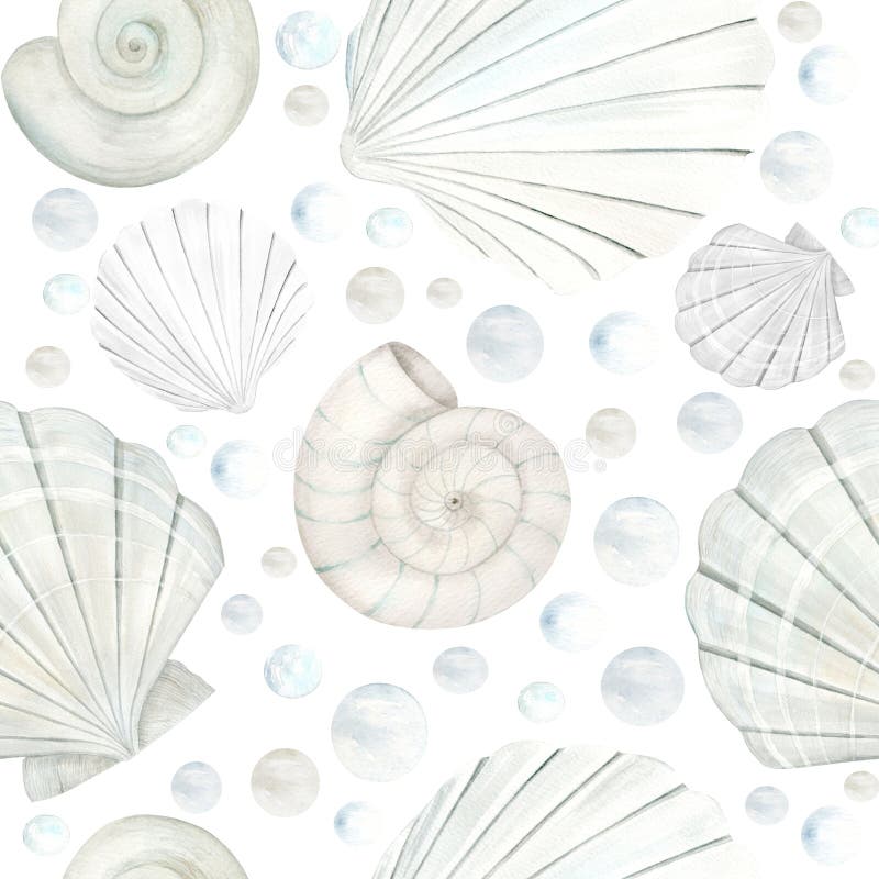 Watercolor Shell Set. Seamless Pattern Hand Drawn in Watercolor. Design ...