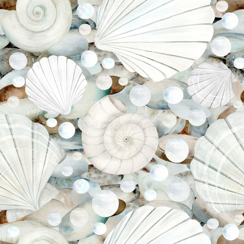 Watercolor Shell Set. Seamless Pattern Hand Drawn in Watercolor. Design ...