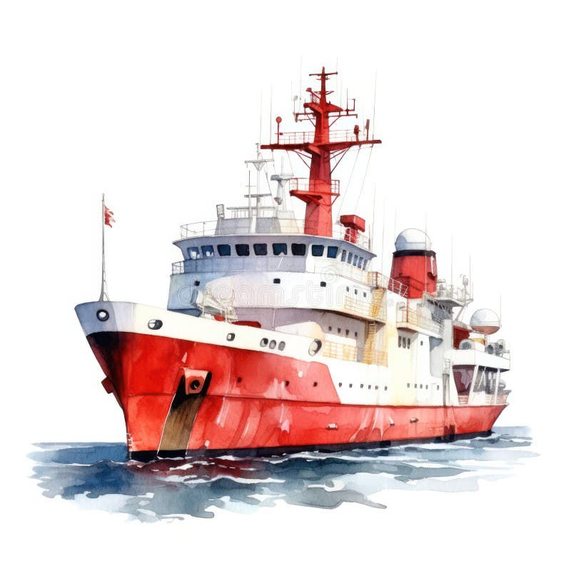 Watercolor a Ship with Red and White Color Isolated on White Background ...