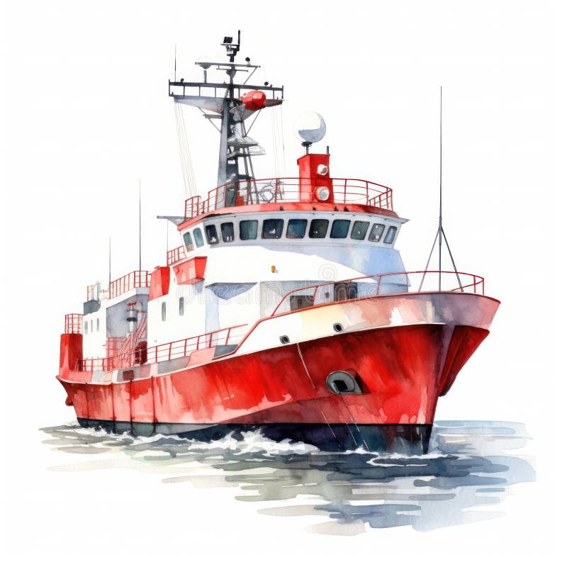 Watercolor Painting Red Rescue Ship Sea Stock Photos - Free & Royalty ...