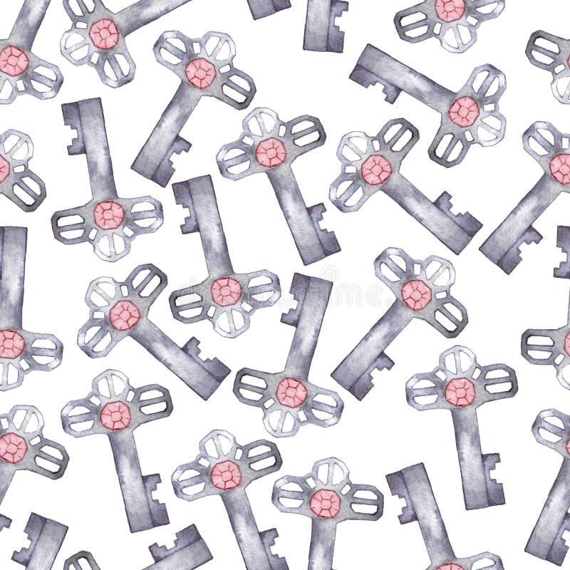 Watercolor Silver Thick Key with Ruby Insert Seamless Pattern Stock ...