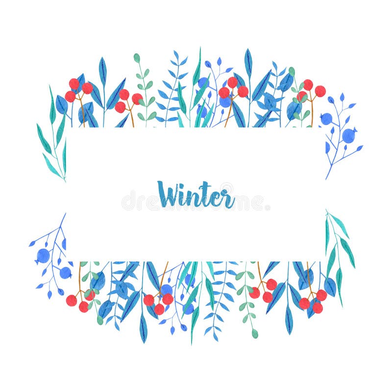 Watercolor Simple Blue Branches and Red Berries Winter Frame Stock ...