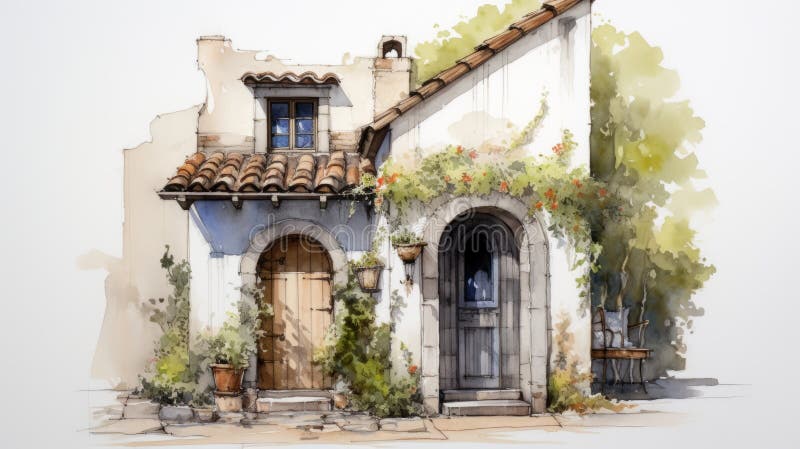 Watercolor Sketch of a Charming Romanesque Architecture Luxury Tiny ...