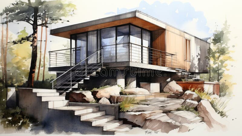 Watercolor Sketch of Modern House in Nature Stock Illustration ...