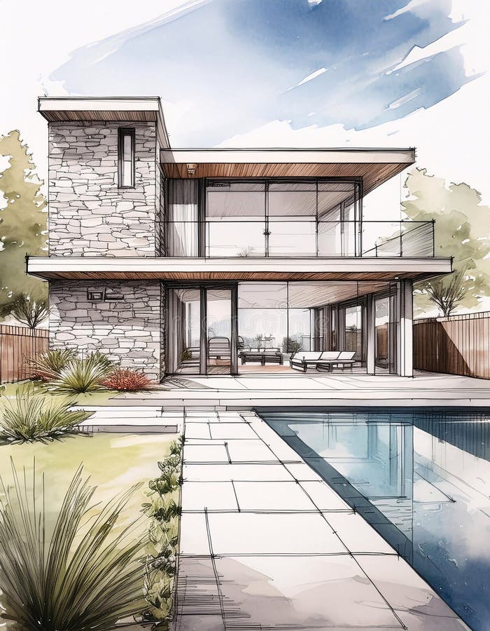 Watercolor Sketch of a Modern House with Pool Stock Illustration ...