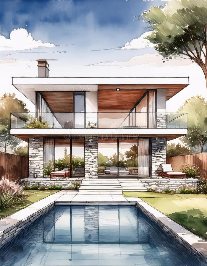 Watercolor Sketch of a Modern House with Pool Stock Illustration ...