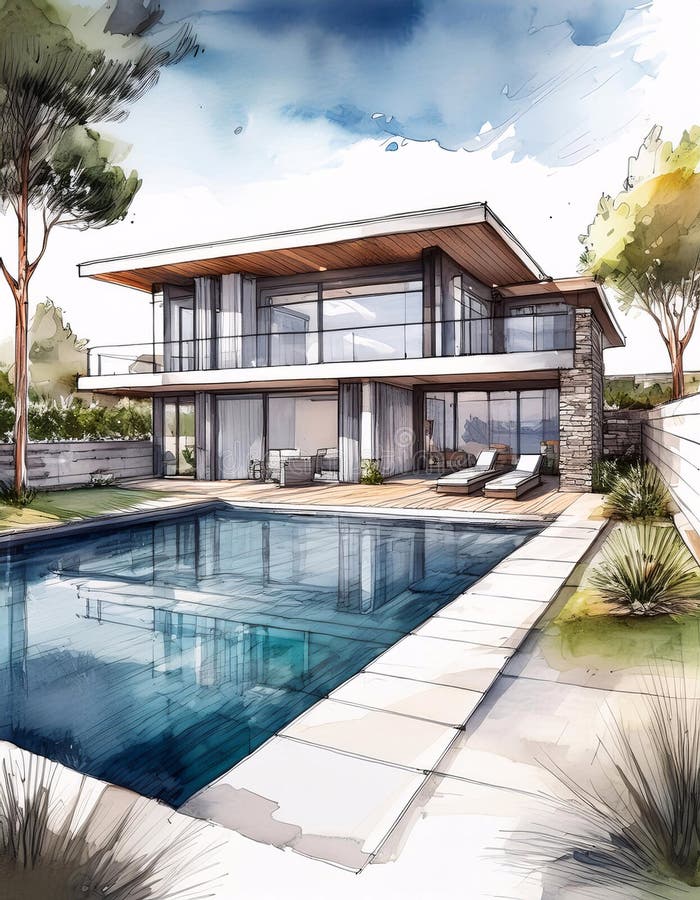 Watercolor Sketch of a Modern House with Pool Stock Illustration ...