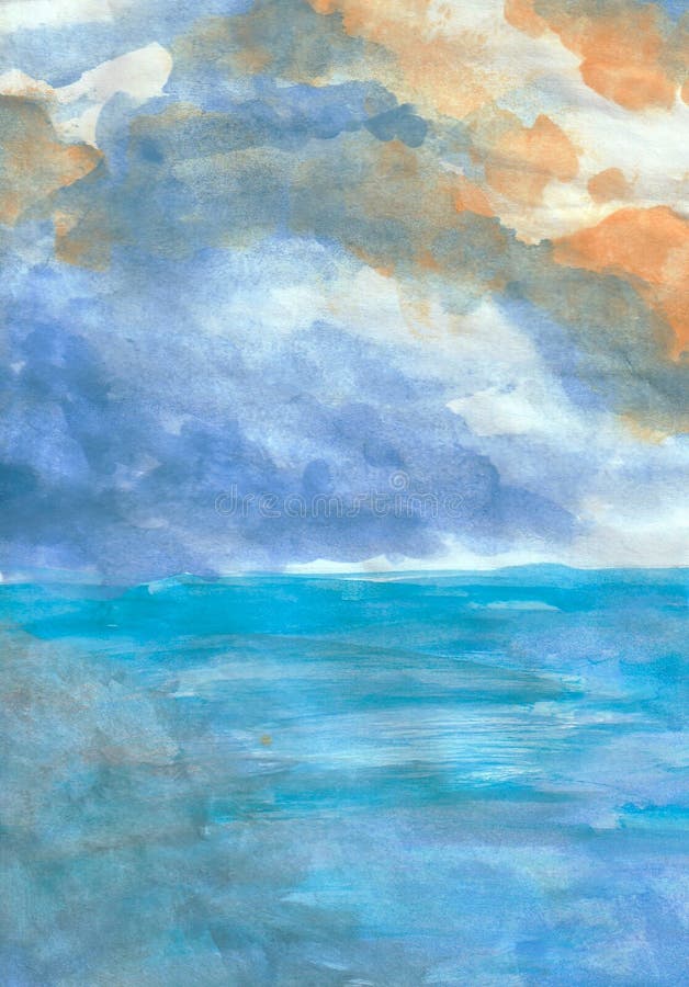 Watercolor Sky and Sea Illustration with Colored Clouds Stock ...