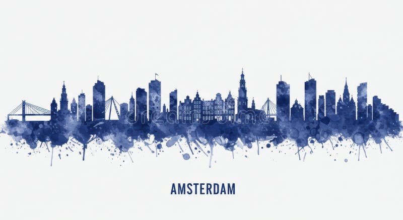 Watercolor Skyline of Amsterdam with Iconic Landmarks in Blue Tones ...