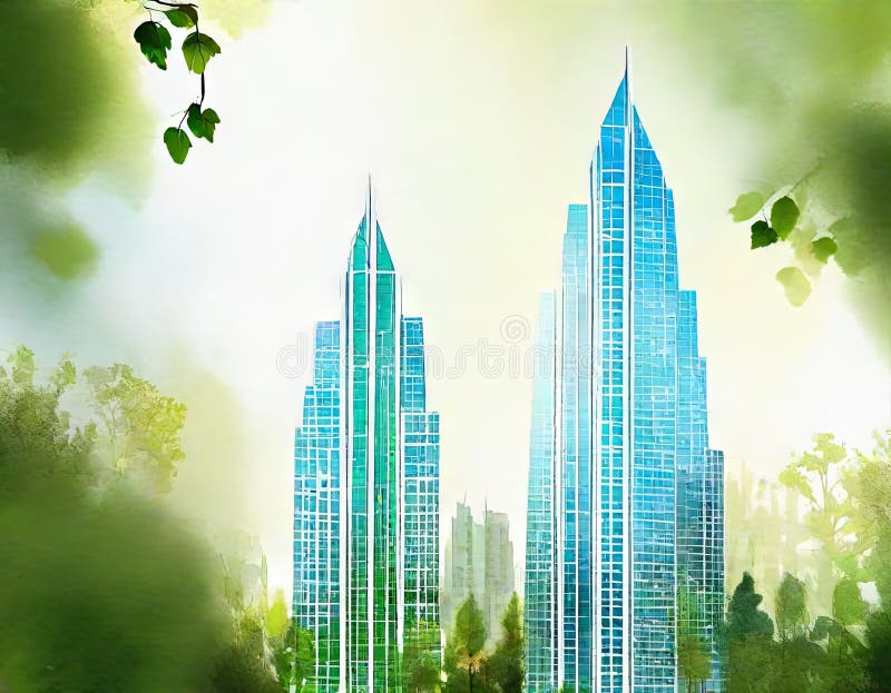 Watercolor of Skyscraper Made of Concept of Green Ecological ...