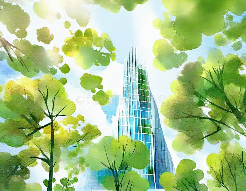 Watercolor of Skyscraper Made of Concept of Green Ecological ...