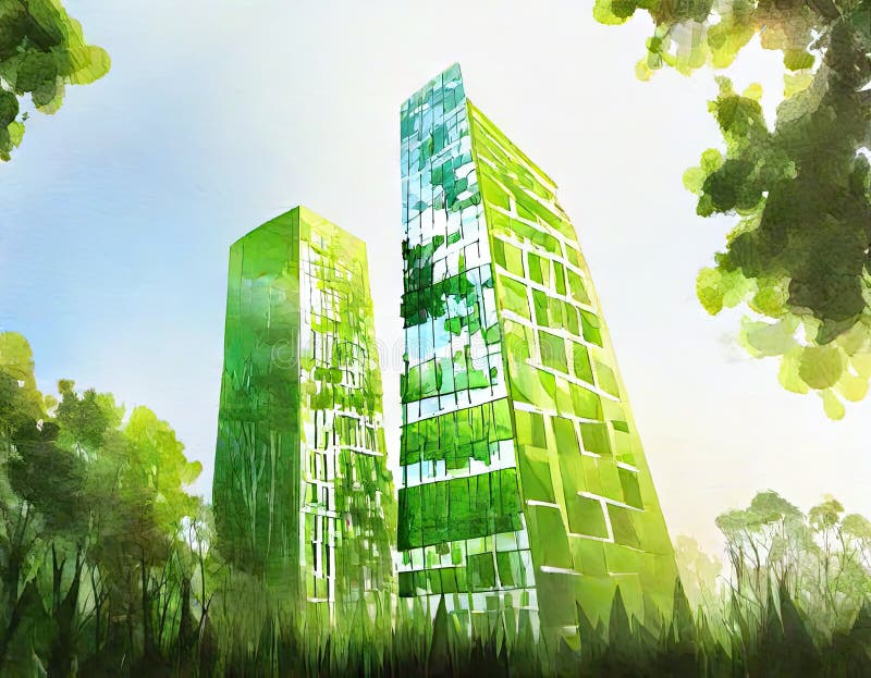 Watercolor of Skyscraper Made of Concept of Green Ecological ...