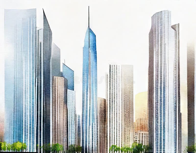 Watercolor of Skyscraper Render Icon Stock Illustration - Illustration ...