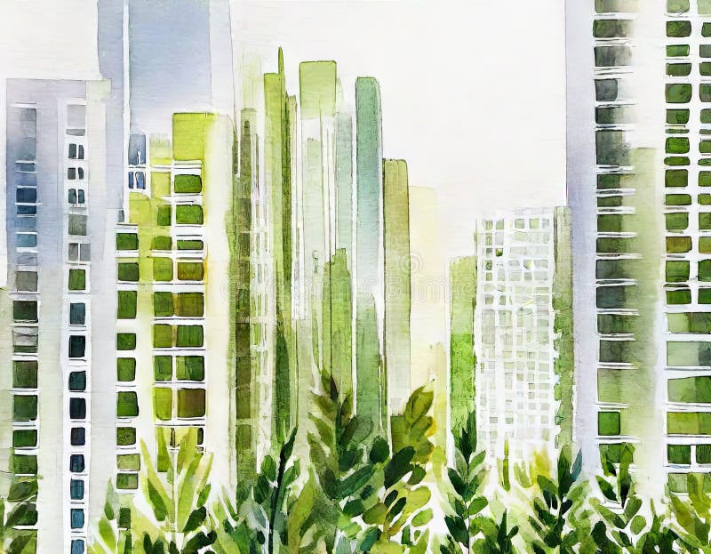 Watercolor of Skyscraper with Rooftop Garden Stock Illustration ...