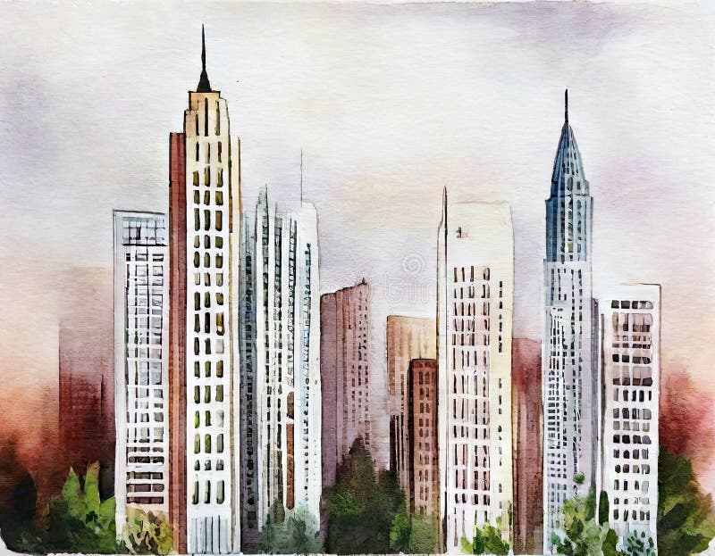 Watercolor of a Skyscraper with Setbacks and a Terraced Stock ...
