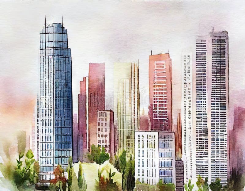 Watercolor of a Skyscraper with Setbacks and a Terraced Stock ...