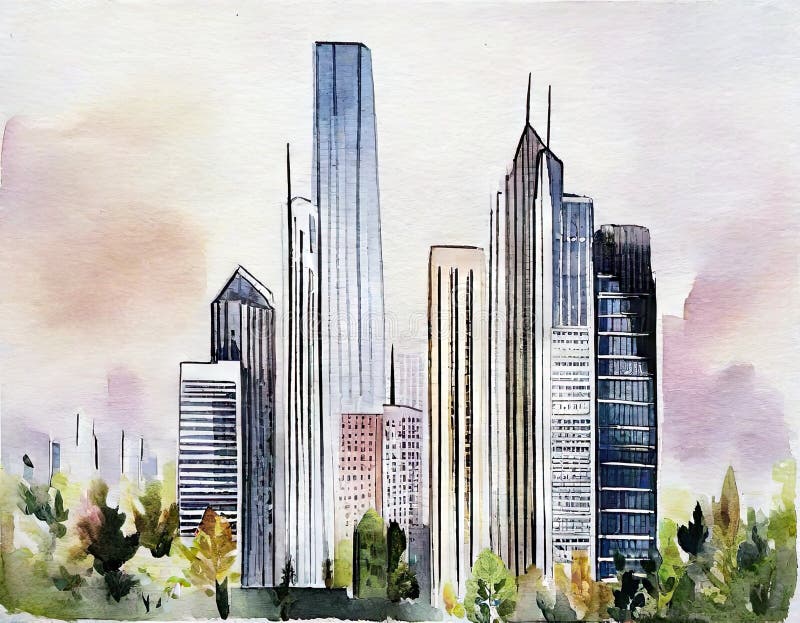Watercolor of a Skyscraper with Setbacks and a Terraced Stock ...