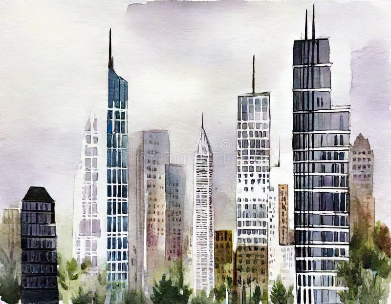 Watercolor of a Skyscraper with Setbacks and a Terraced Stock ...