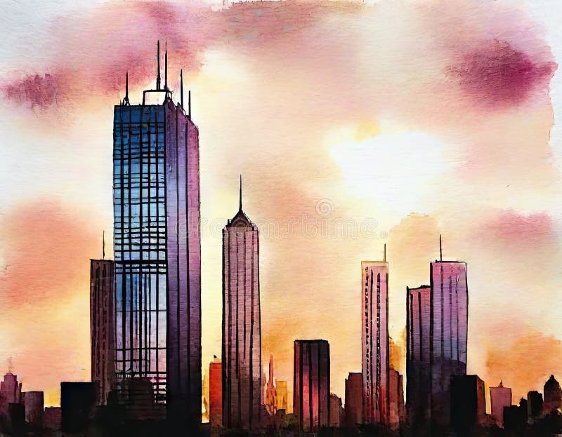 Watercolor of Skyscraper at the Sunset Stock Illustration ...