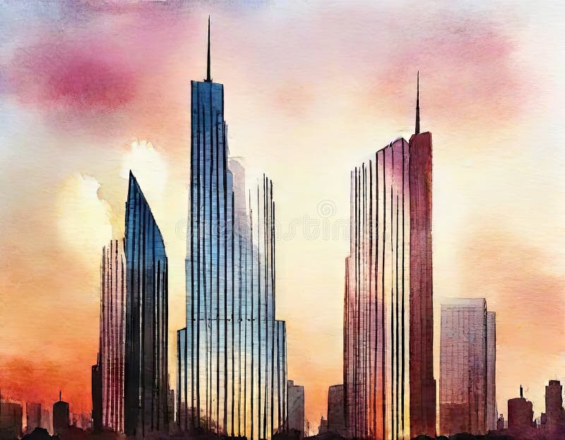 Watercolor of Skyscraper at the Sunset Stock Illustration ...