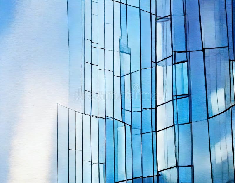Watercolor of Skyscraper Window on an Angle with Sun Lighting Emitting ...