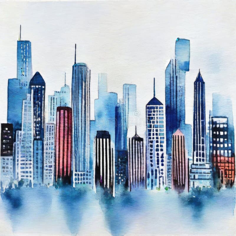 Watercolor of Skyscrapers in the City Stock Illustration - Illustration ...