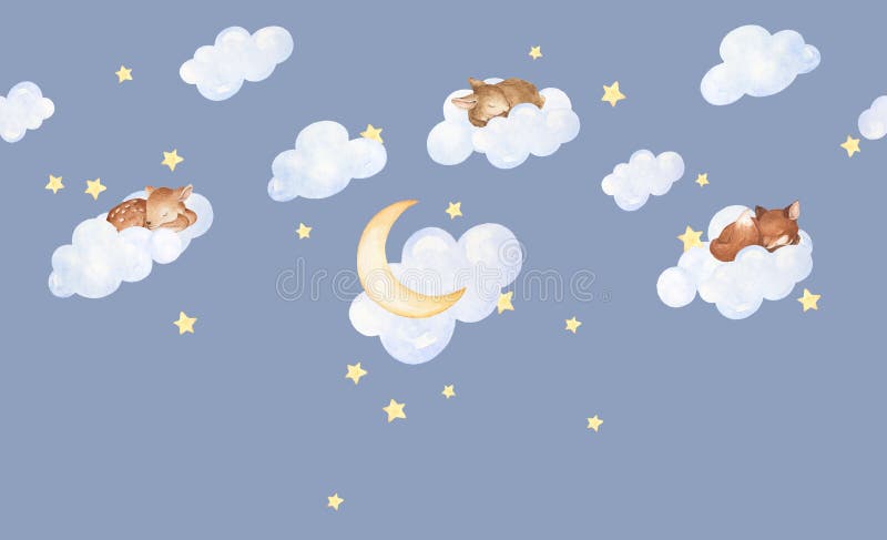 Watercolor Sleeping Animals Seamless Pattern. Children Night Sky Stock ...