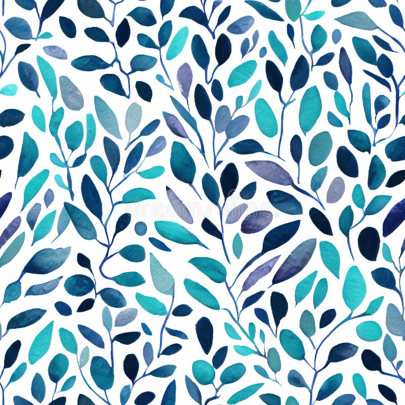 Seamless Watercolor Pattern Consisting of Small Blue Leaves Stock ...