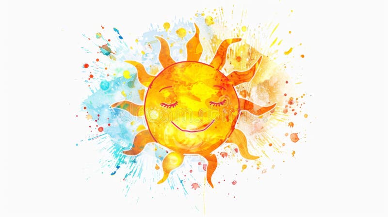 Watercolor Smiling Sun with Splatter Effect Stock Illustration ...
