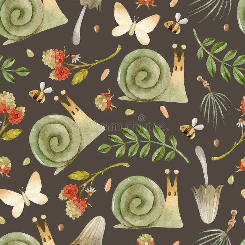 Watercolor Snail, Butterfly, Raspberry and Leaves Seamless Pattern on ...