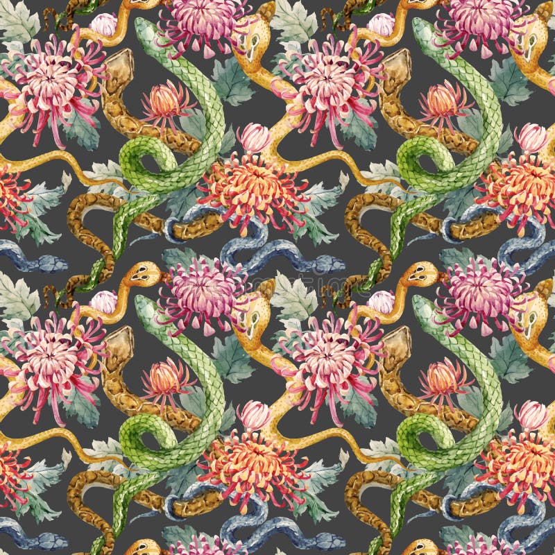 Watercolor Snake and Flowers Pattern Stock Vector - Illustration of ...